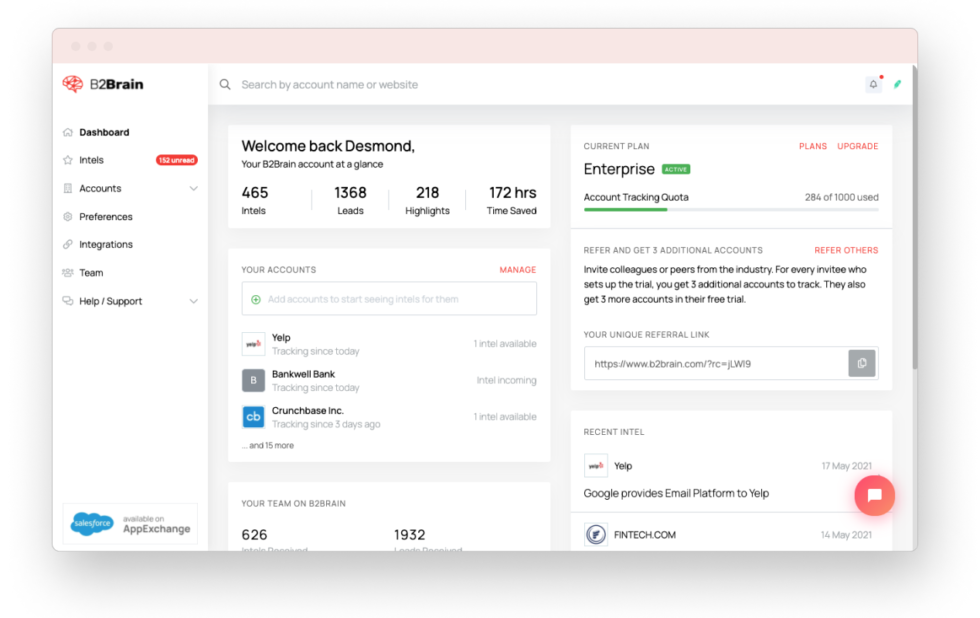 B2Brain Features to automate sales account intelligence